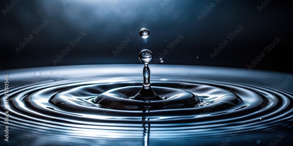 Droplets of water falling onto a dark surface creating a small ripple ...