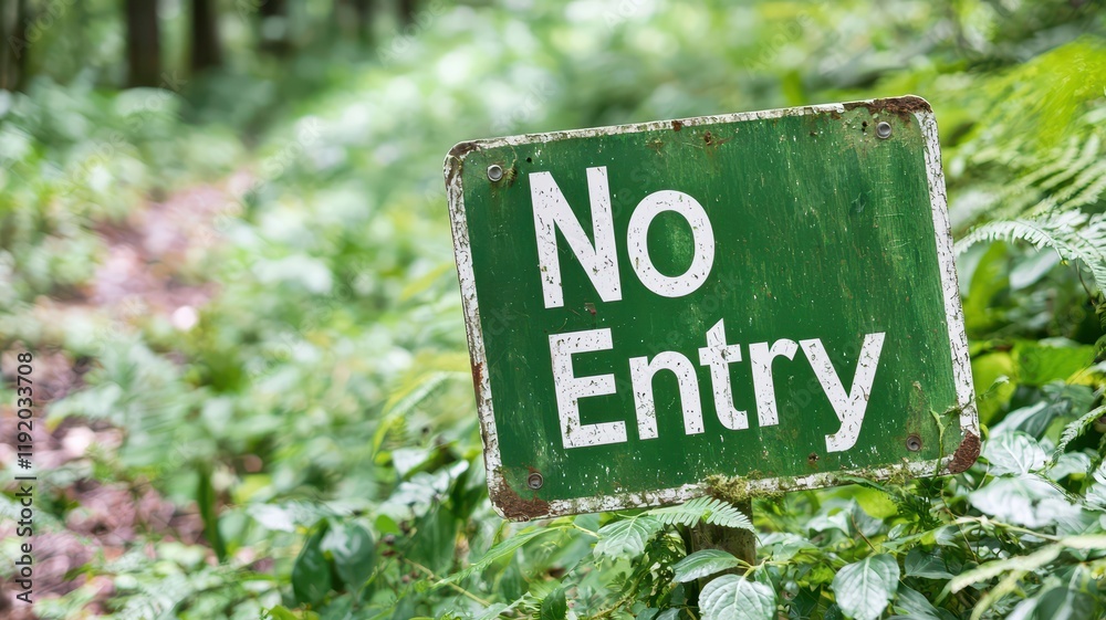 No entry sign on an overgrown forest path in nature. Prohibition sign ...