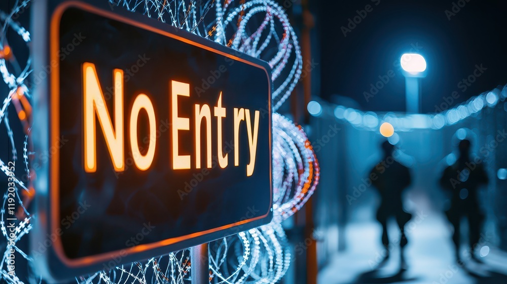 Large, illuminated sign indicating no entry in front of military ...