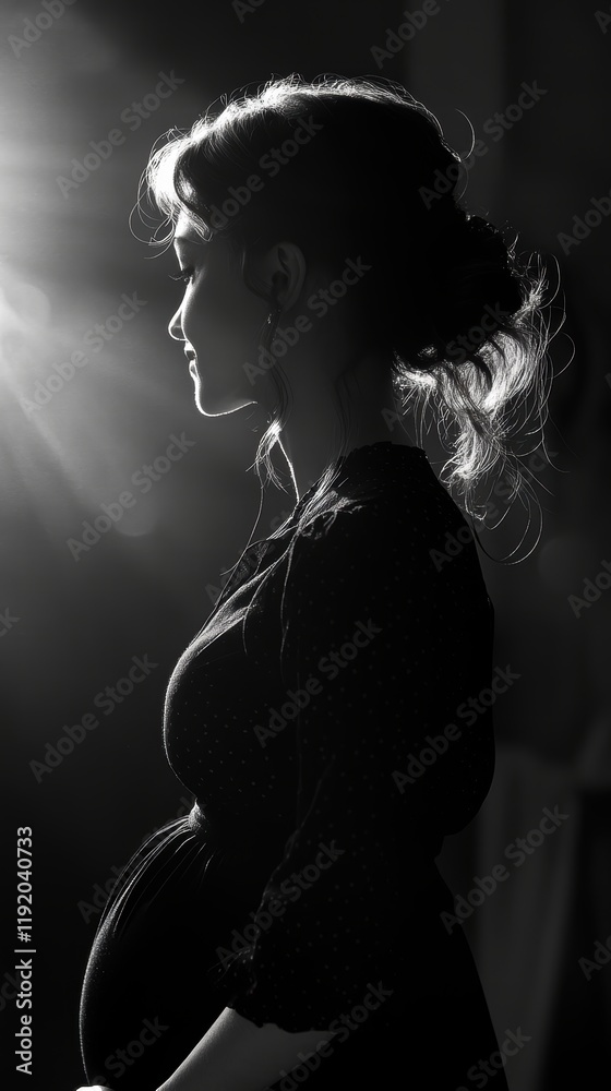Black and white shadow of a pregnant woman standing in profile, with ...