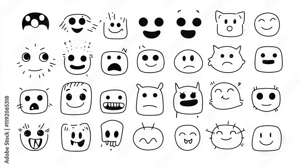 minimalist emoticon set, kawaii drawing style, japanese cute faces ...