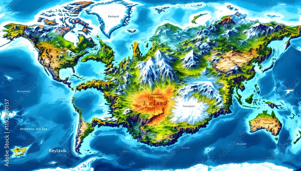 Detailed Illustrated Map of Iceland with Vivid Colors and Geographical ...