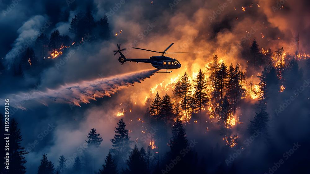 Aerial firefighting helicopter battling raging forest fire amidst smoke ...
