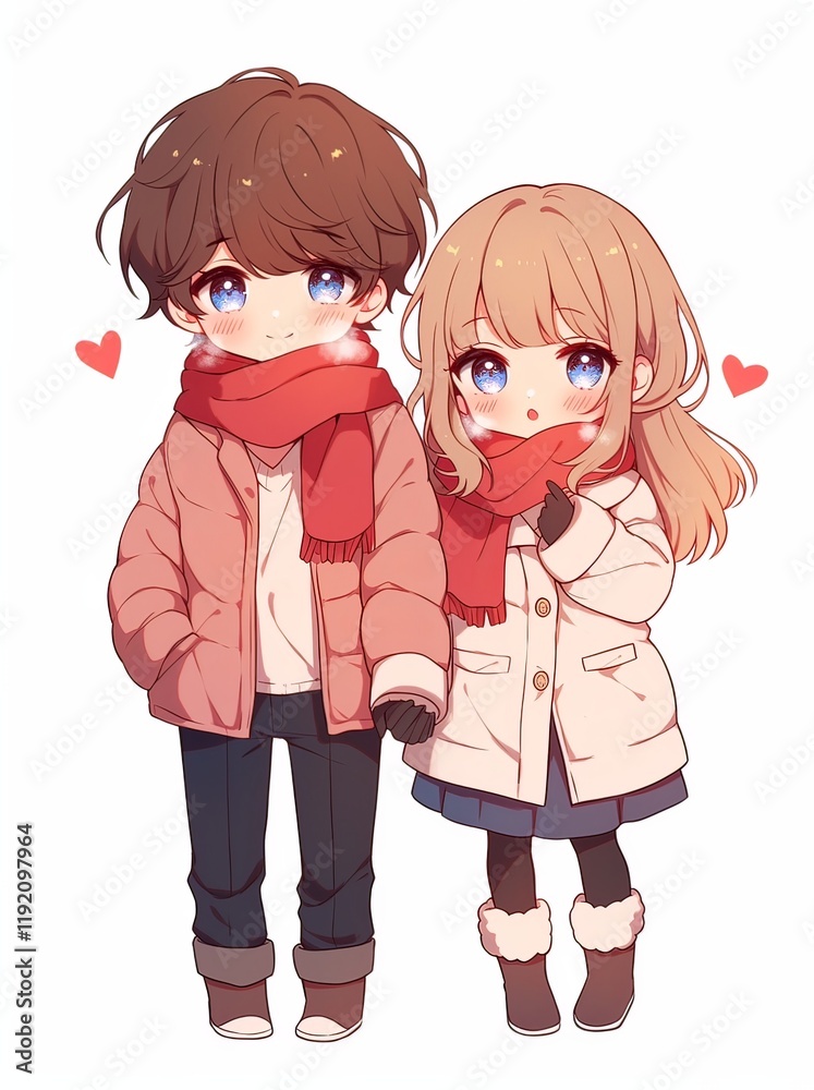 Chibi-style full-body illustration of a cute couple in love, wearing ...