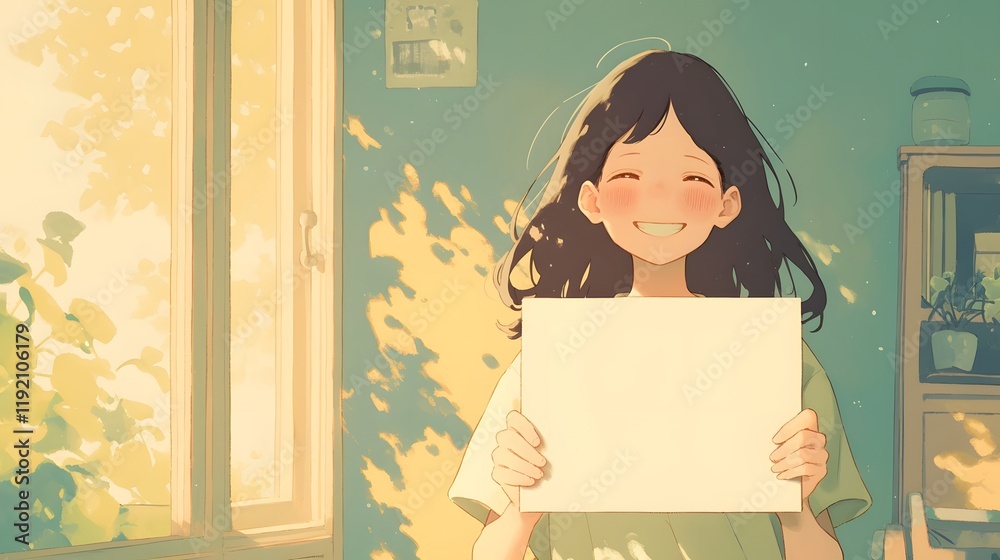 Smiling anime girl holding a blank sign, ready for your creative input ...