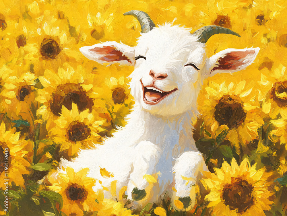 Adorable white goat smiling playing vibrant sunflower field blue sky ...
