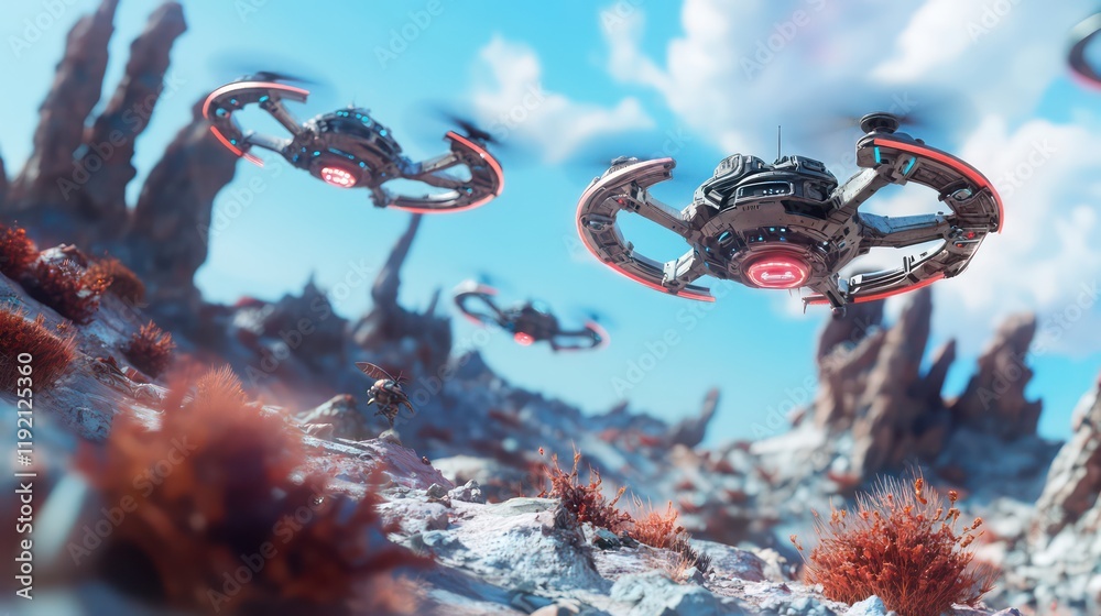 Futuristic AI Drones Patrolling Alien Terrain – Sci-Fi Surveillance ...