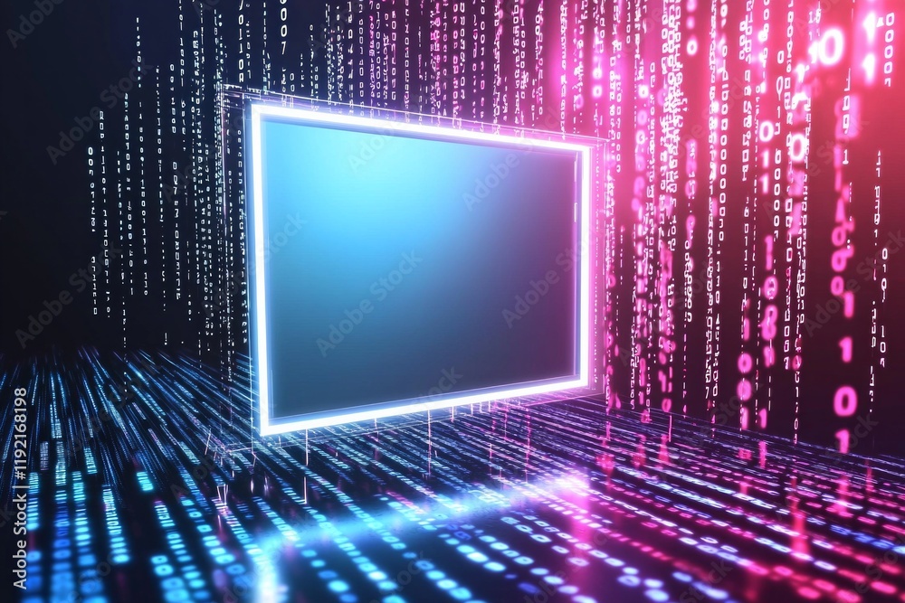 An empty holographic frame projected midair, surrounded by floating ...