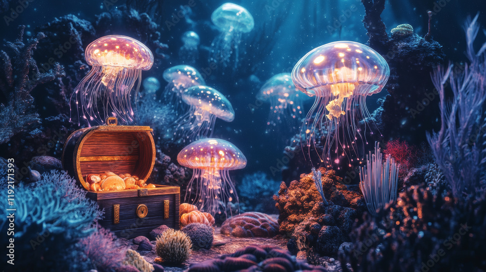 Magical underwater adventure jellyfish dance around treasure chest in ...