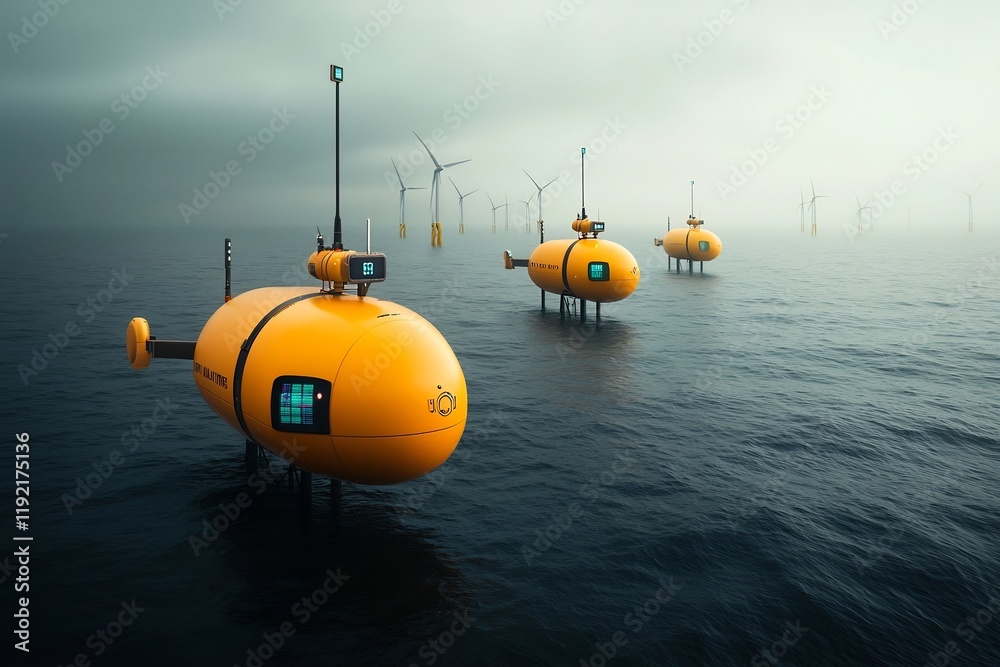 Fleet of Autonomous Underwater Drones Surveying Offshore Wind Turbine ...