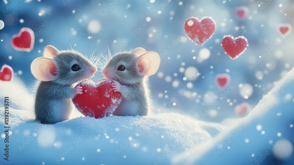 Adorable mice building a snow heart together while love hearts float ...