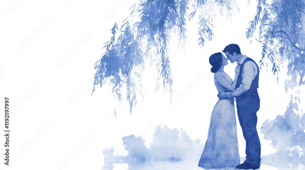 romantic couple embraces under willow tree, creating serene atmosphere ...