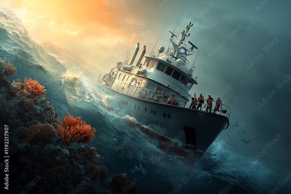 Offshore Marine Research Vessel Surveying Vibrant Coral Reef Ecosystems ...