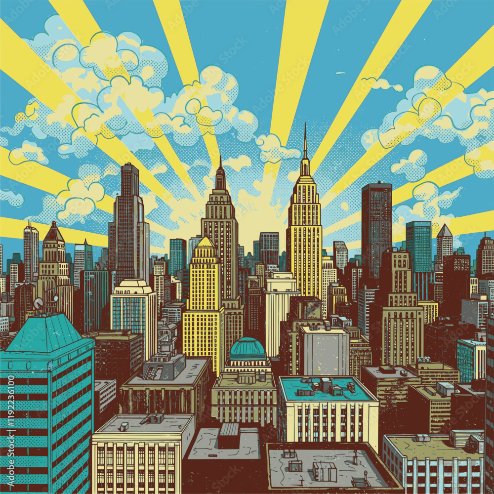 Downtown city skyline comic book art style. Digital art vector ...