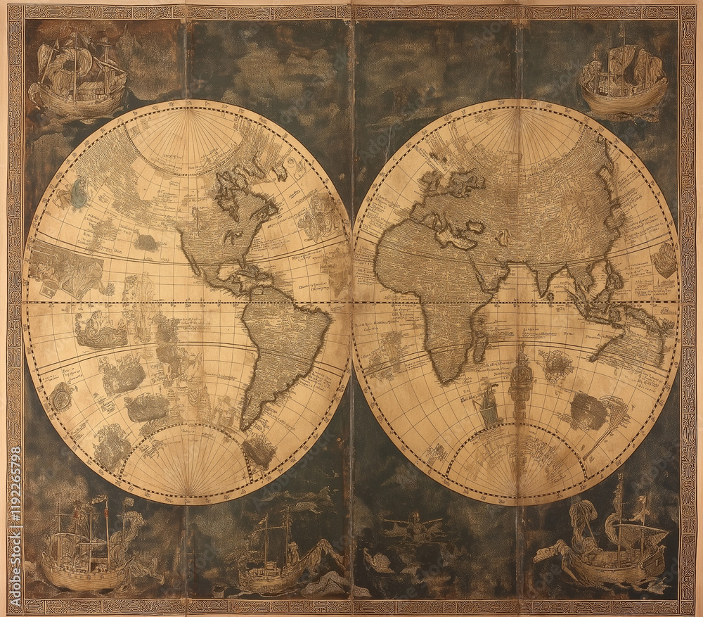 Old vintage retro world map background with antique maps and ocean ...