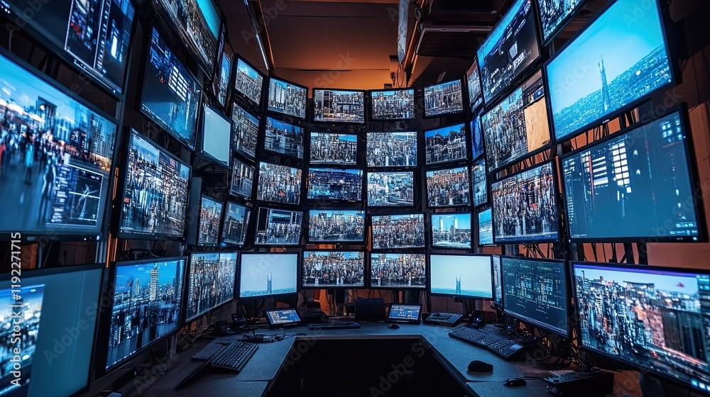A control room with multiple computer screens displaying security feeds, symbolizing vigilance ...
