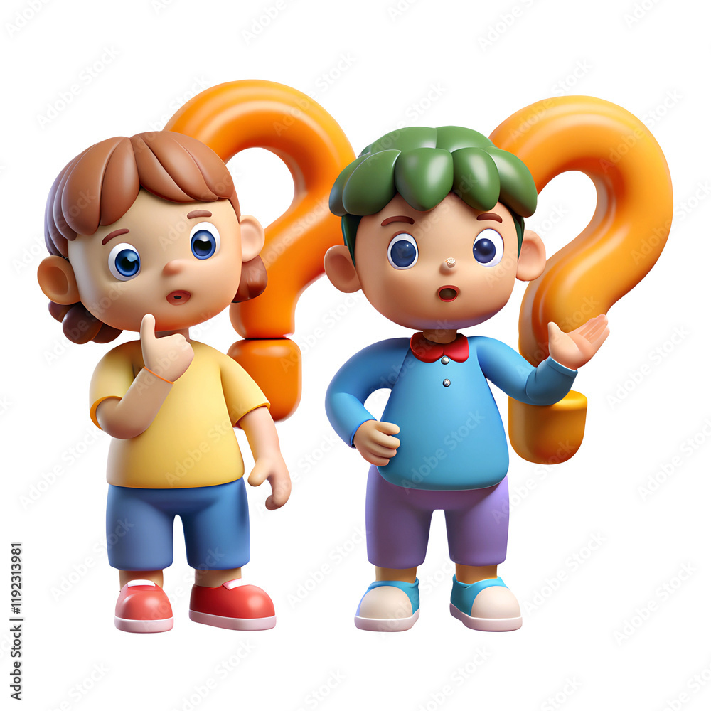 Curious kids with question marks 3d render cartoon enjoyment ideas ...