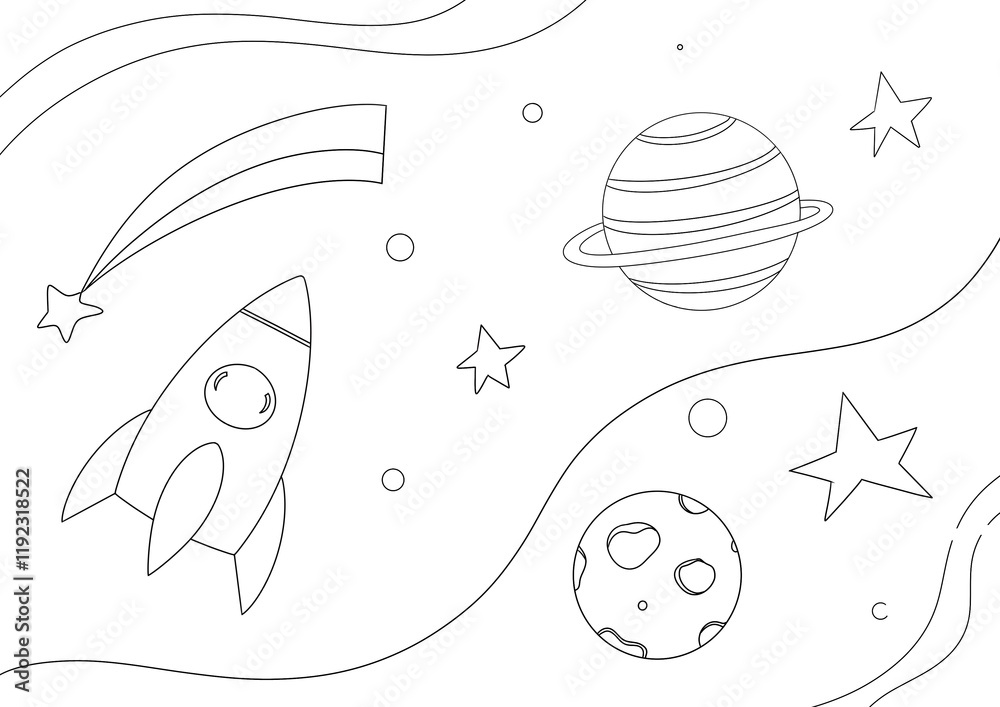 Rocket Coloring Page in Outer Space with Stars and Planets. A4 coloring ...