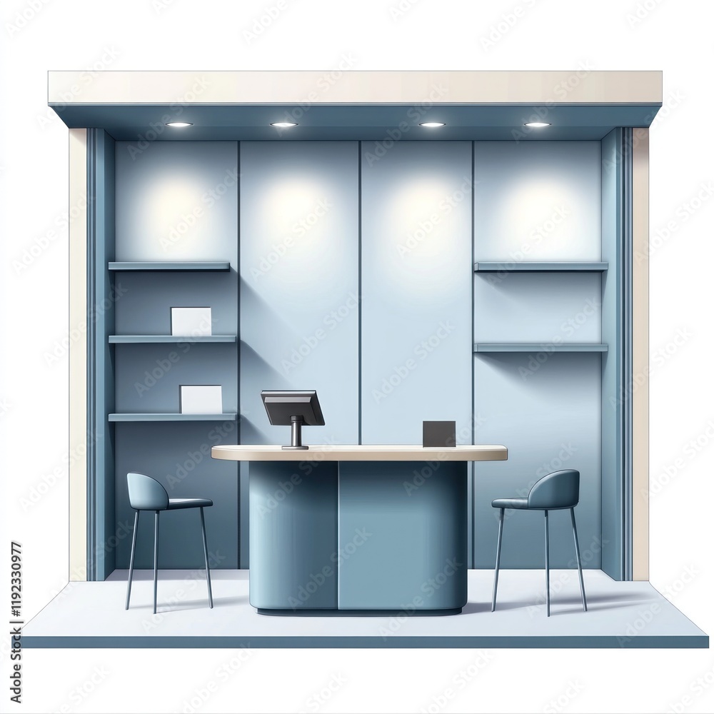 Modern, minimalist exhibition booth with reception desk, shelves, and ...