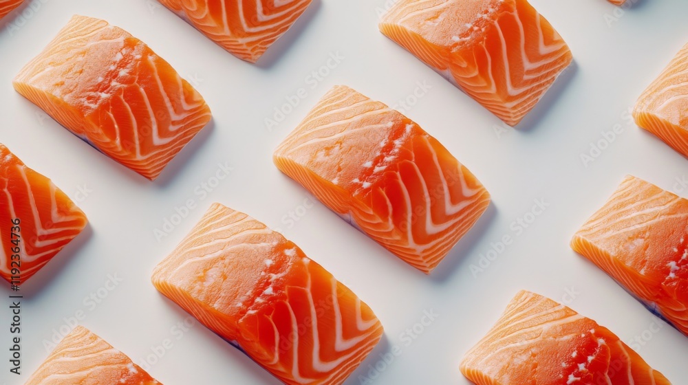 Fresh cuts of salmon fillets with their skin on, displayed on a ...