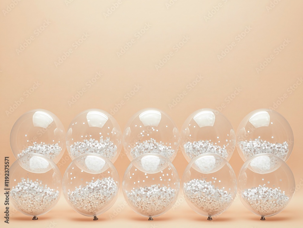Nine large, clear bubble balloons filled with silver confetti create an ...