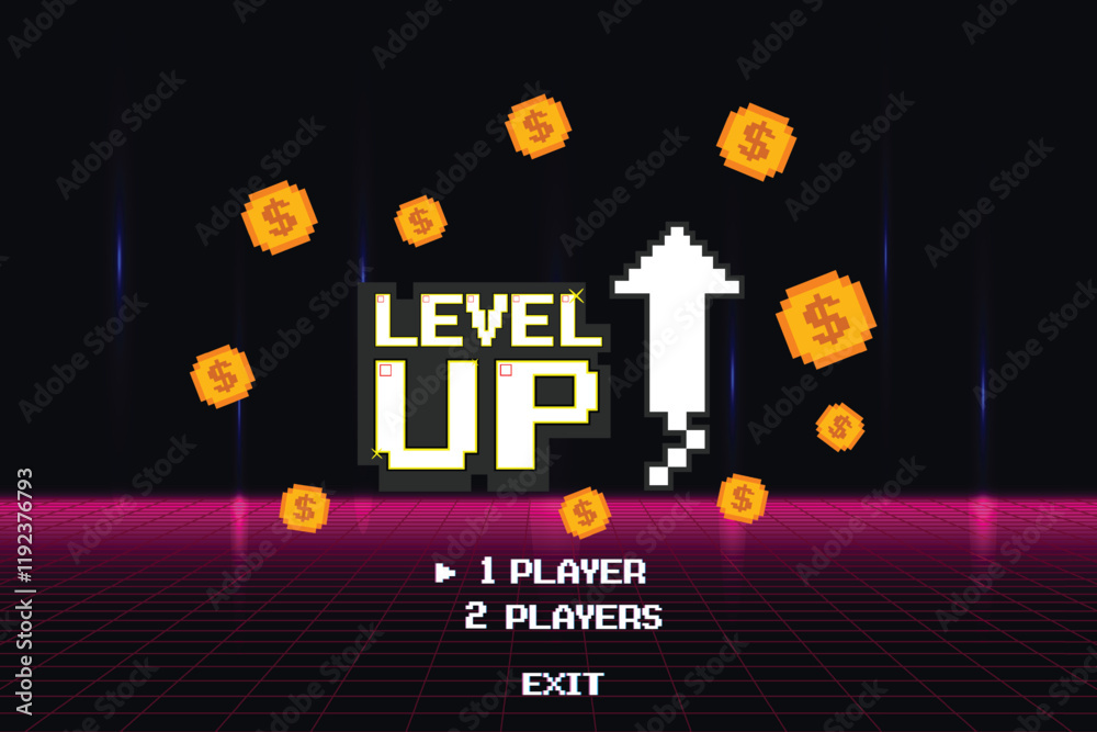 LEVEL UP. 1 player. pixel art .8 bit game. retro game. for game assets ...