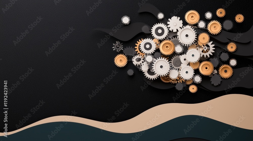 An abstract brain with gears and cogs integrated into its structure ...