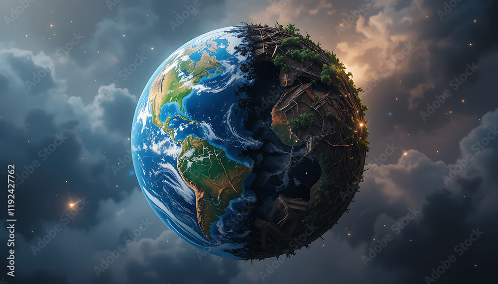 Planet earth with one half destroyed and one half preserved, earth day concept, environment ...