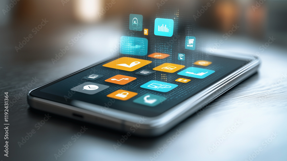 Smartphone App Interface: A sleek smartphone rests on a dark surface ...