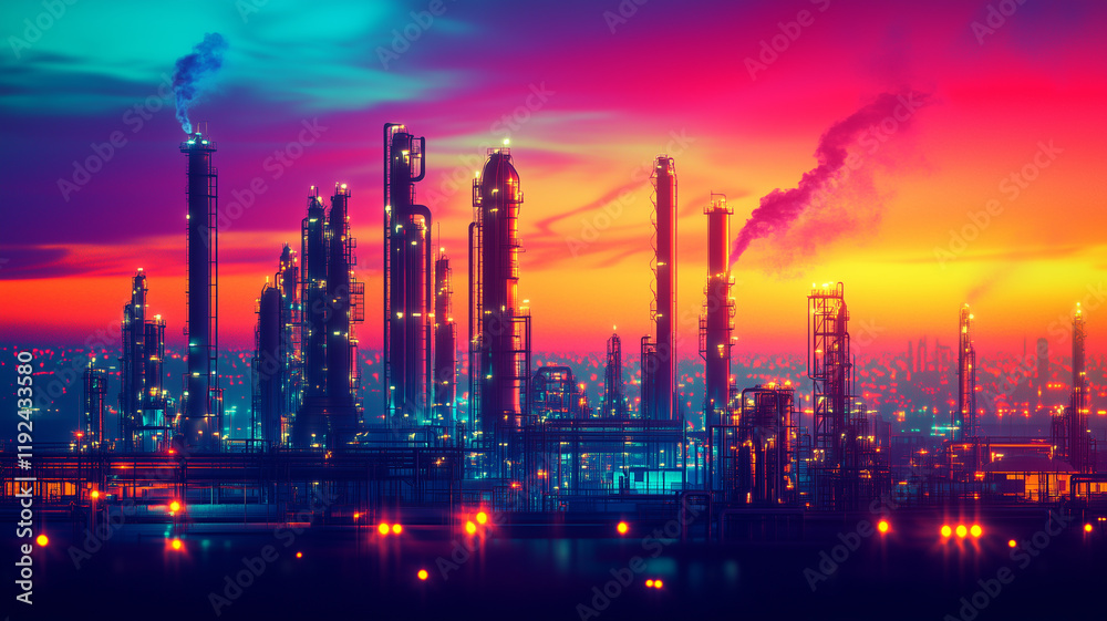 Night bright factory concept poster background. Night plant with pipes ...