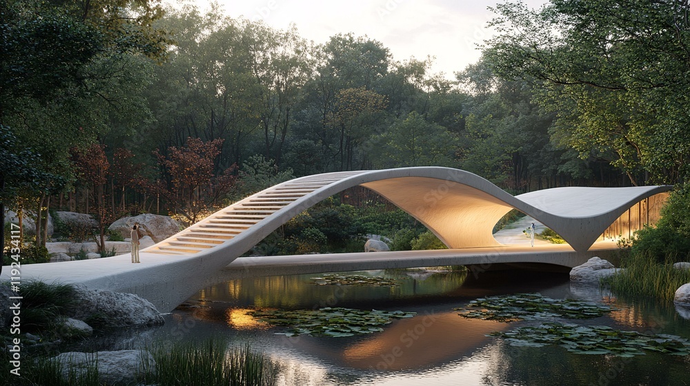 A 3D depiction of a modernist organic bridge with flowing lines ...