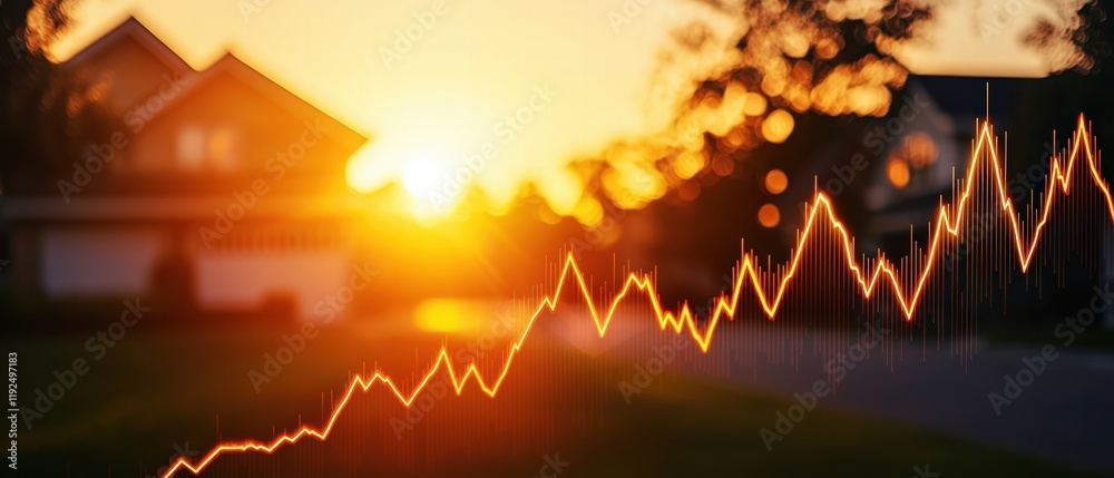 The image features a sunset over residential houses, with an overlay of ...