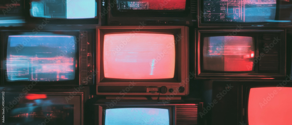 Retro VHS static overlays on vintage televisions in a dark room create ...