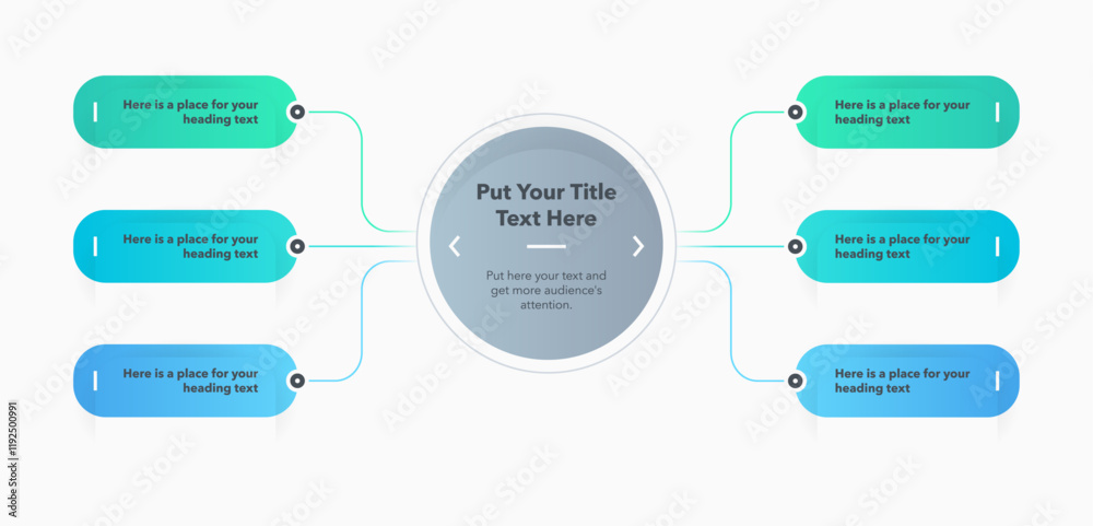 Flowchart infographic with central circle and six colorful options ...