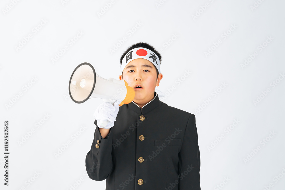 cheer squad, speaker, megaphone, male, man, school uniform, junior high ...