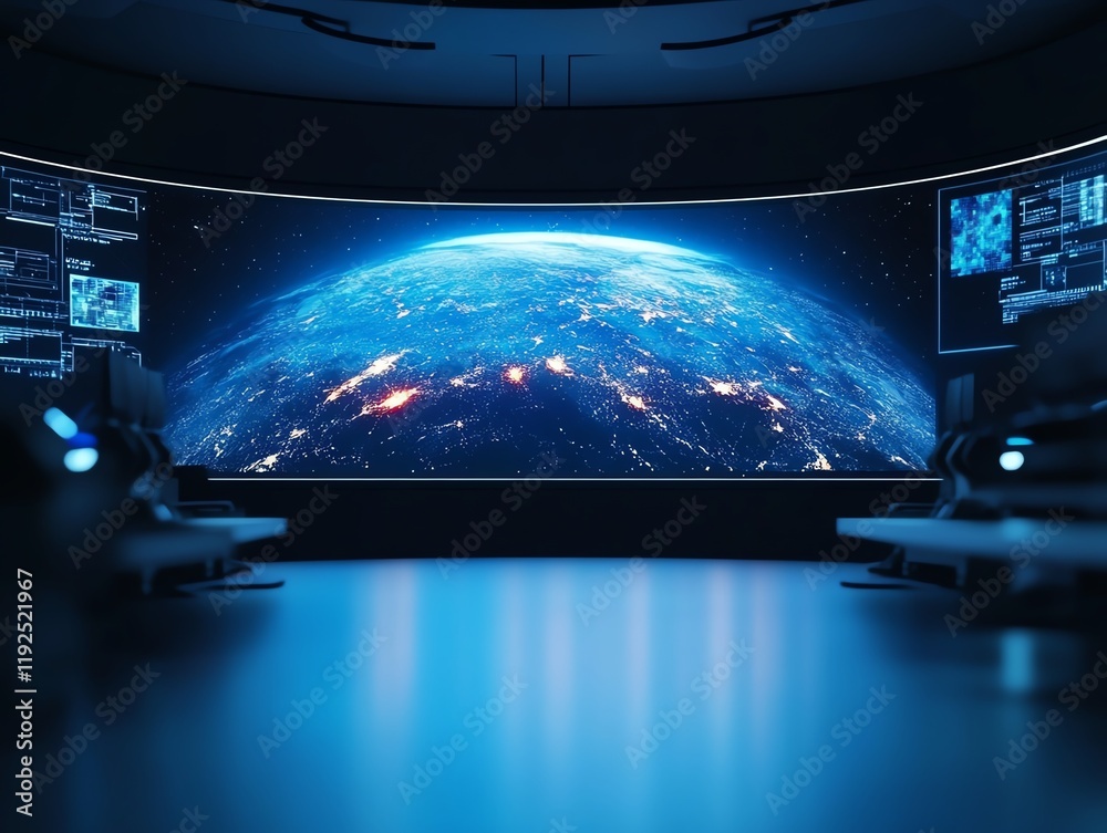 Digital projection display, futuristic glowing visuals, immersive setup ...