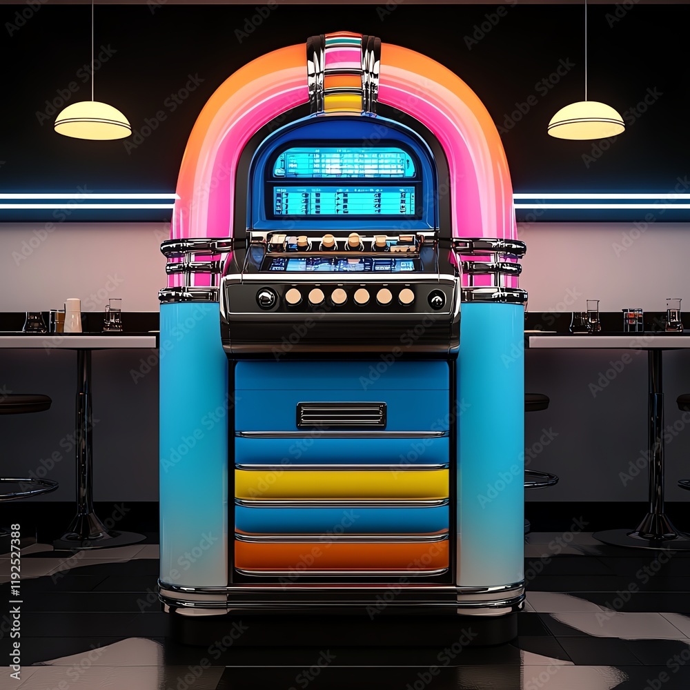 A futuristic jukebox with analog buttons, neon light bars, and ...