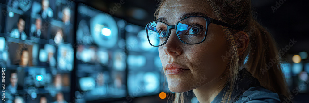 Security team members in a surveillance center, with an AI robot ...