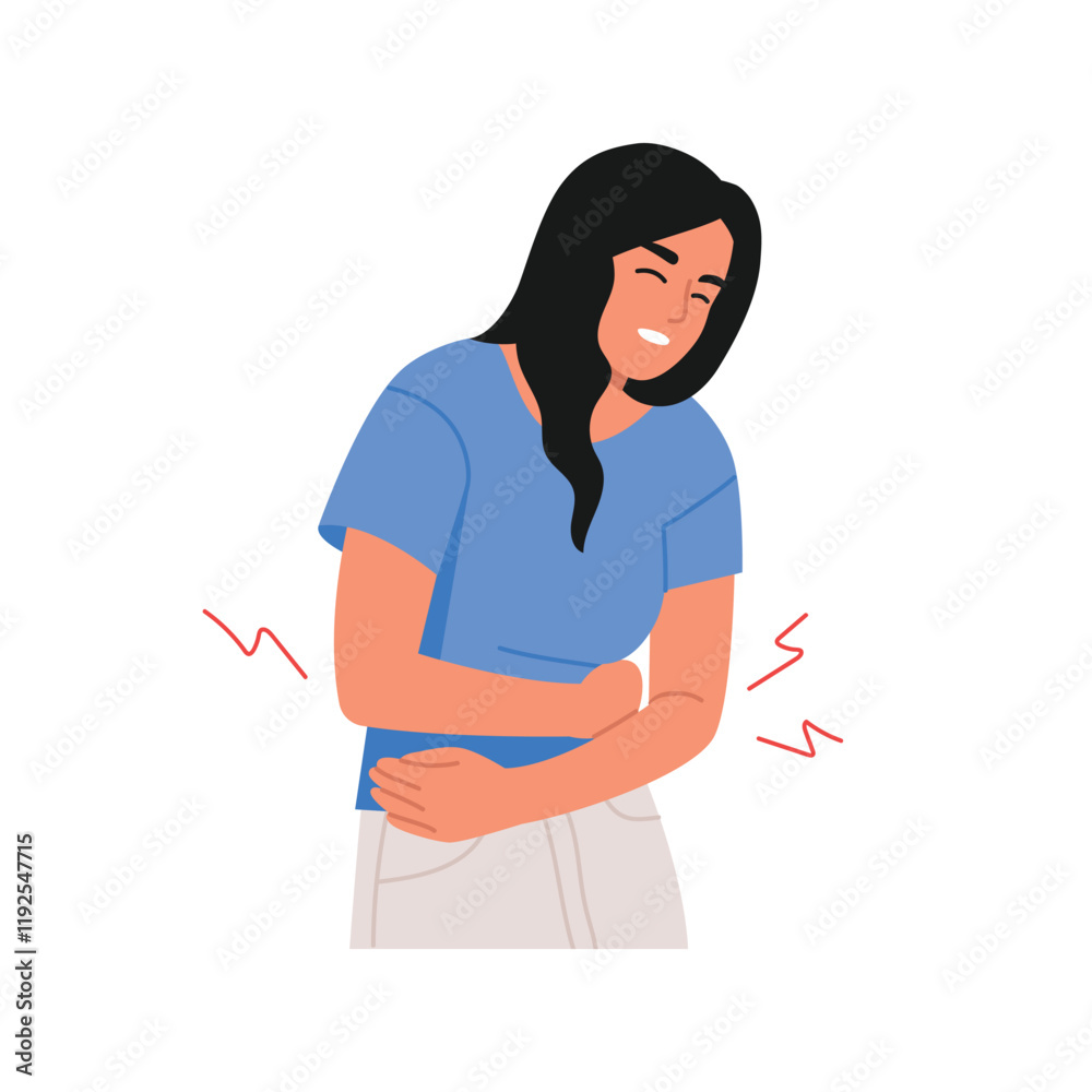 Vector illustration of a girl feeling pain in her stomach. Cartoon ...