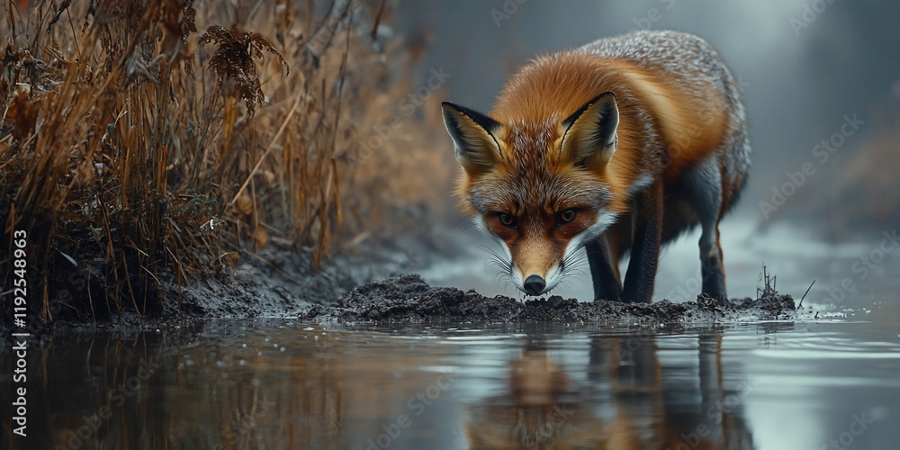 Red fox drinking water by riverbank, misty background; wildlife nature ...
