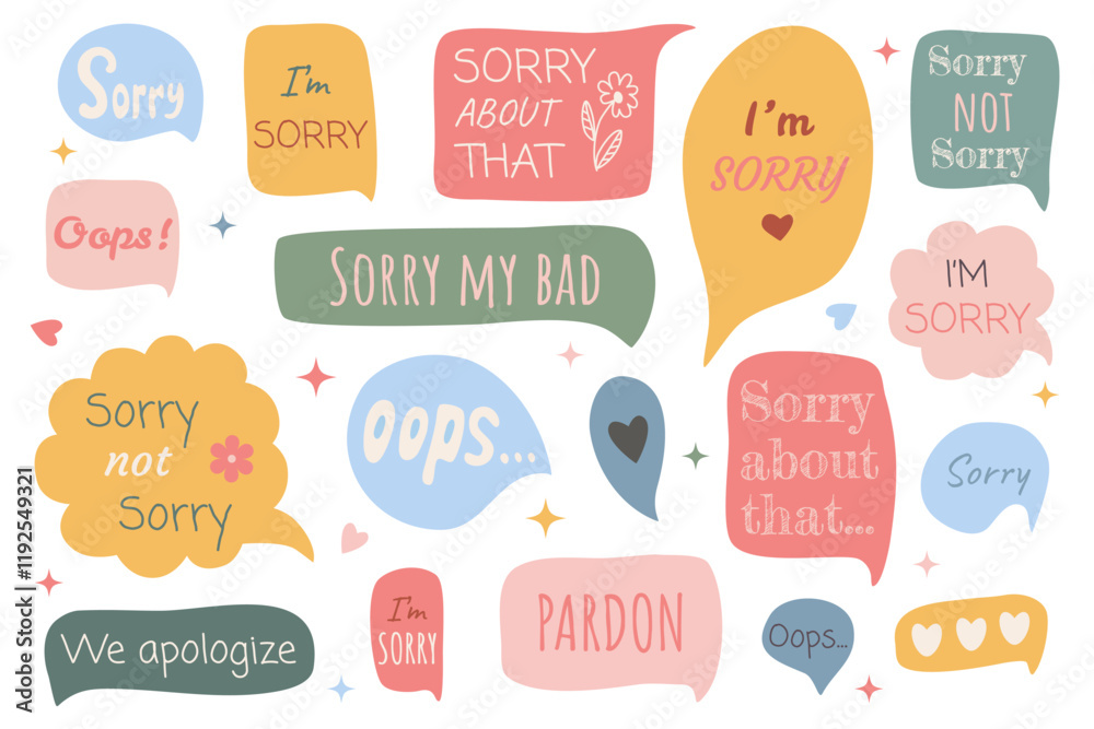 Speech bubbles with apologetic quotes. Sorry stickers set. World ...