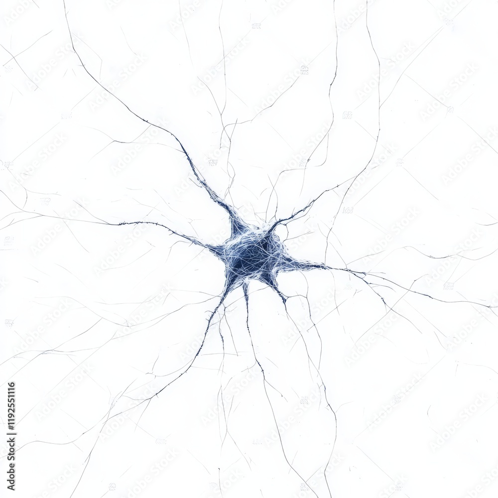 Minimalistic close up of a single dark neuron with delicate, spreading ...