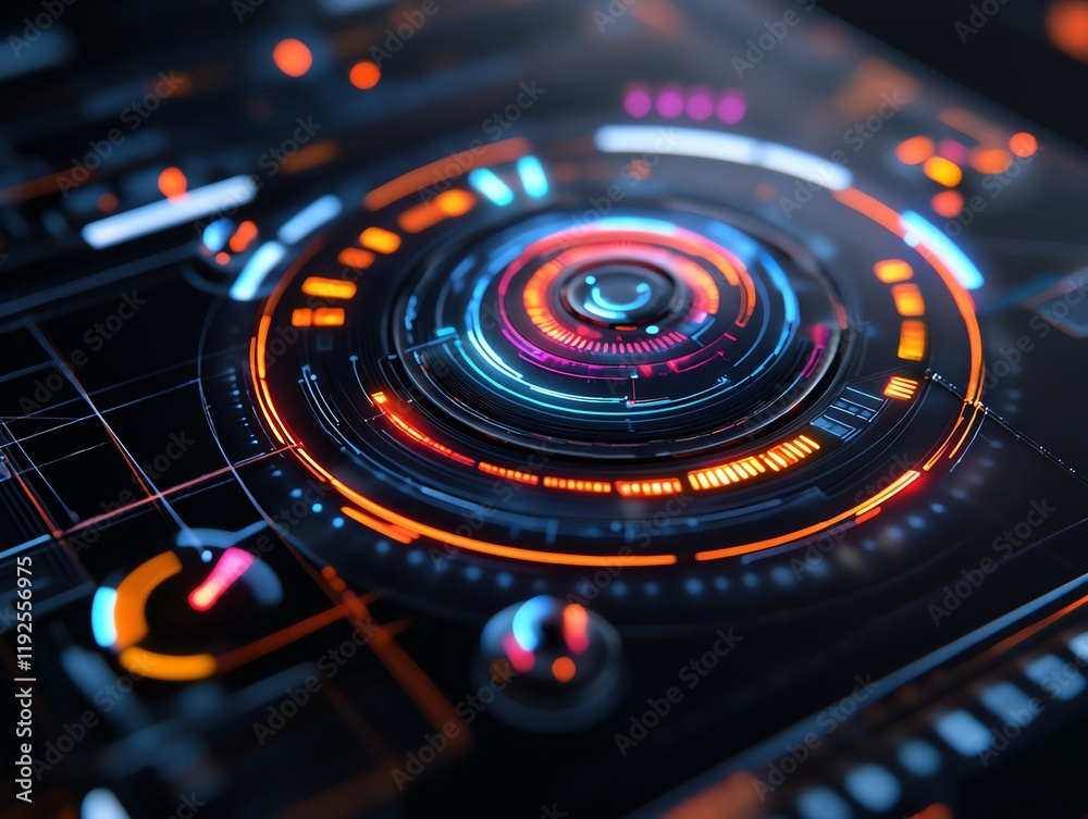 Virtual data interface, glowing interactive visuals, hightech design ...