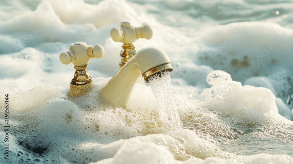Vintage faucet submerged in ocean waves, water flows from spout, foam ...
