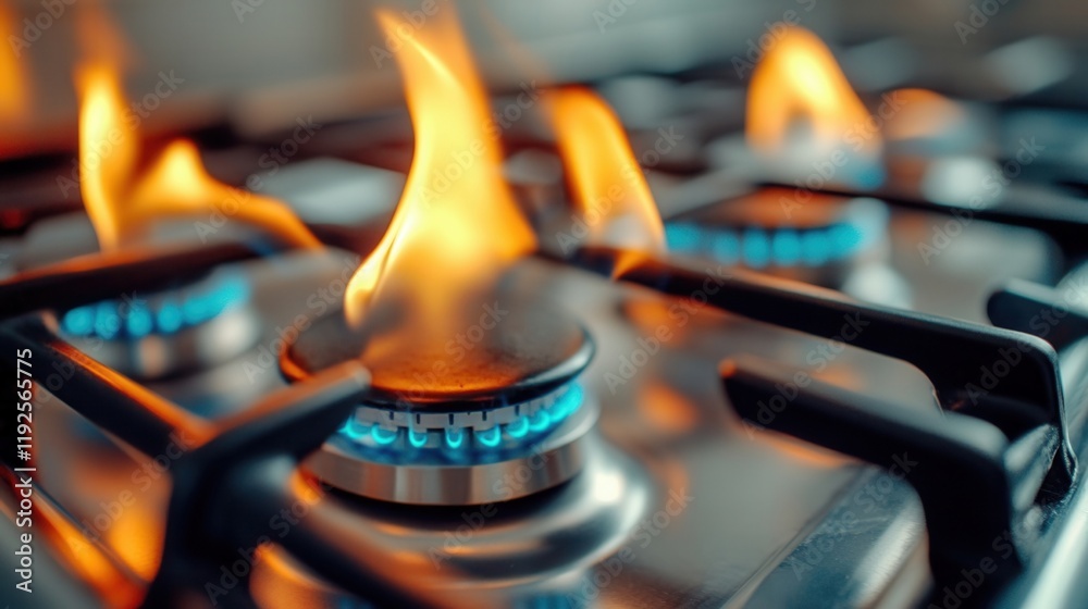 Gas stove with bright flame and modern design. Stock Photo | Adobe Stock