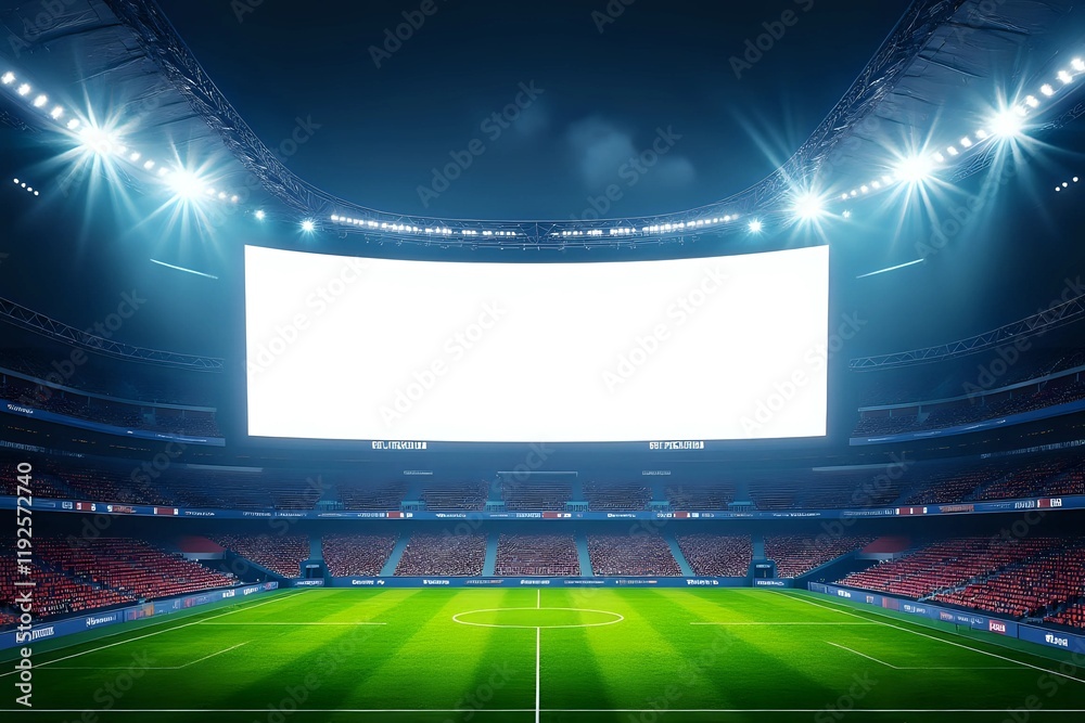 Large blank LED screen in football stadium with empty seats. Scoreboard ...