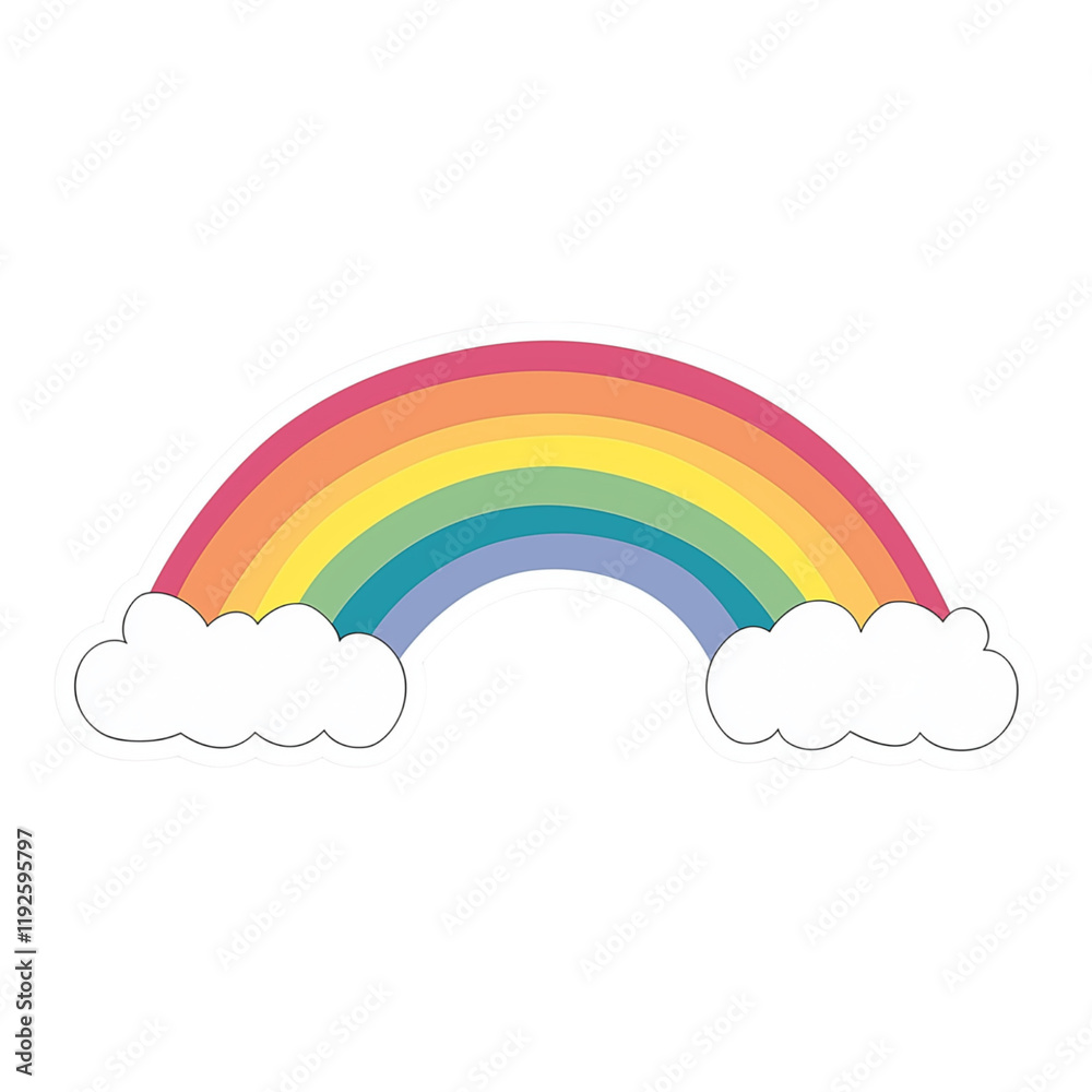 Sticker, a 2D pastel rainbow with tiny clouds at each end, bold white ...