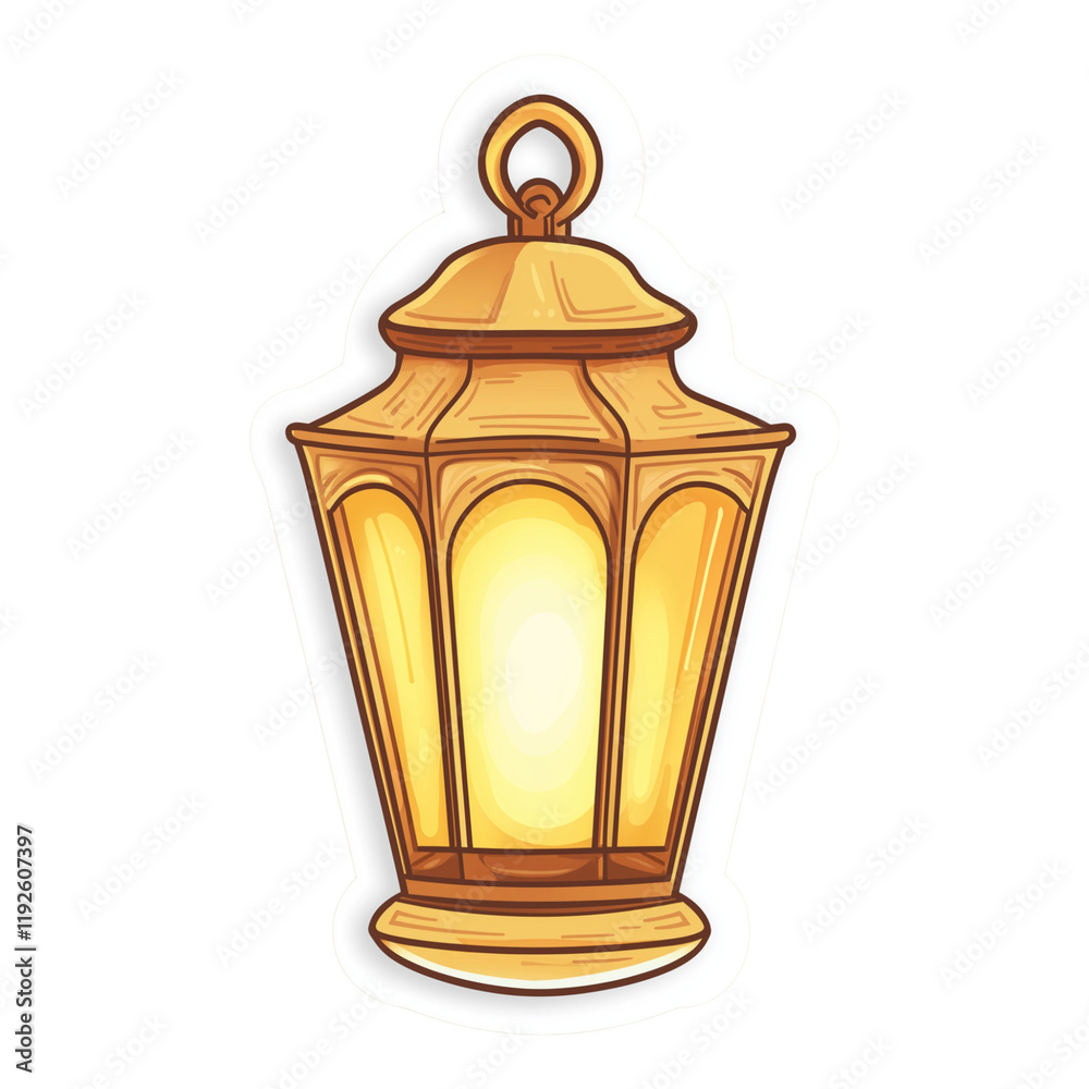 Sticker, a 2D glowing lantern with a flickering light, bold white ...