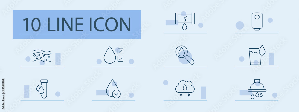Water filtration and quality set icon. Droplet, pipe, filtration, water ...