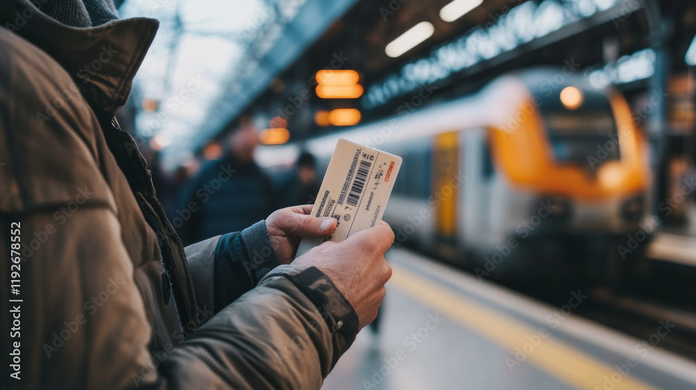 Man shows train ticket at busy station while waiting for departure ...